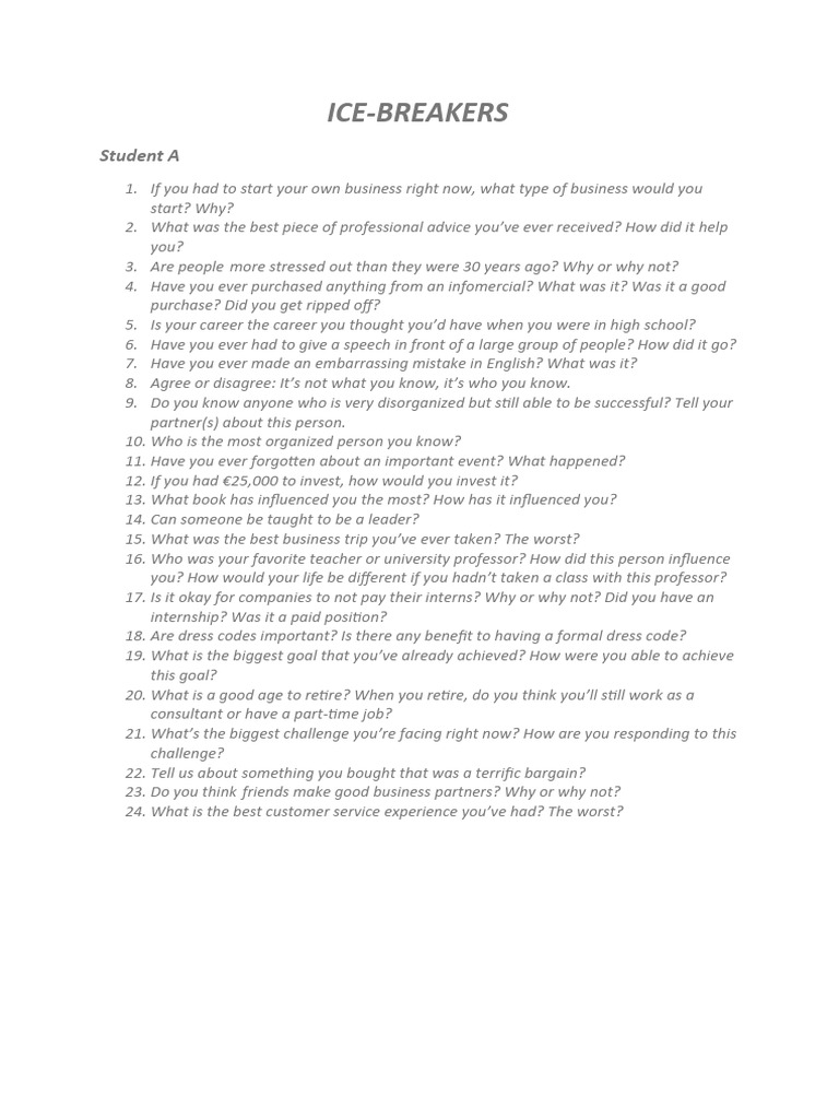 Business speaking course ice-breakers | Download Free PDF | Cognition