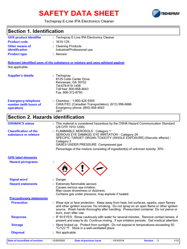 Techspray E-Line IPA Electronics Cleaner-2020 | PDF | Occupational ...