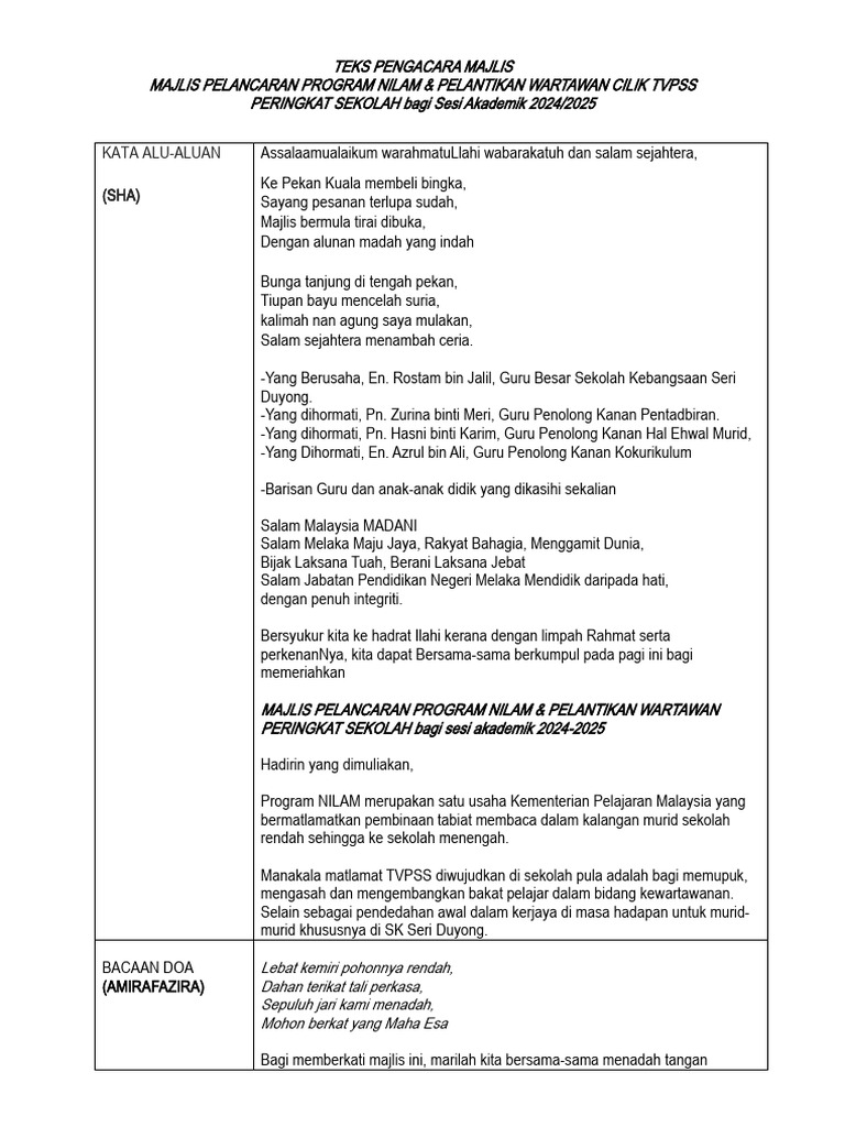 Teks Pengacara Majlis Pelancaran Nilam 2024-2025 | PDF | Karier ...