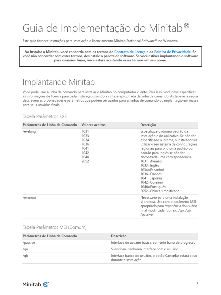 MinitabDeploymentGuide PT | PDF | Programas | Interface de linha de comando