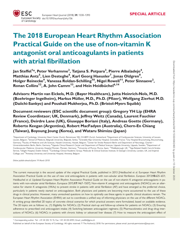 The 2018 Ehra Partical Guideline On The Use of Noac in Patients With Af ...