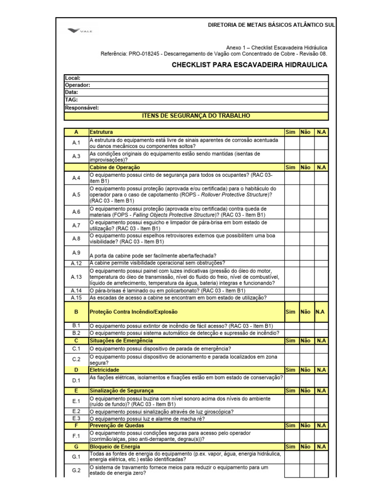 Anexo 01 Check List Da Escavadeira Hidráulica | PDF Anexo 01 Check List Da Escavadeira Hidráulica | PDF