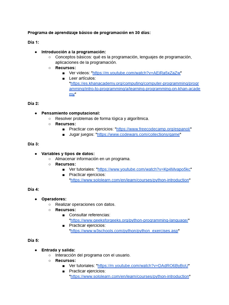 Programa de Aprendizaje Básico de Programación en 30 Días: Día 1 | PDF ...