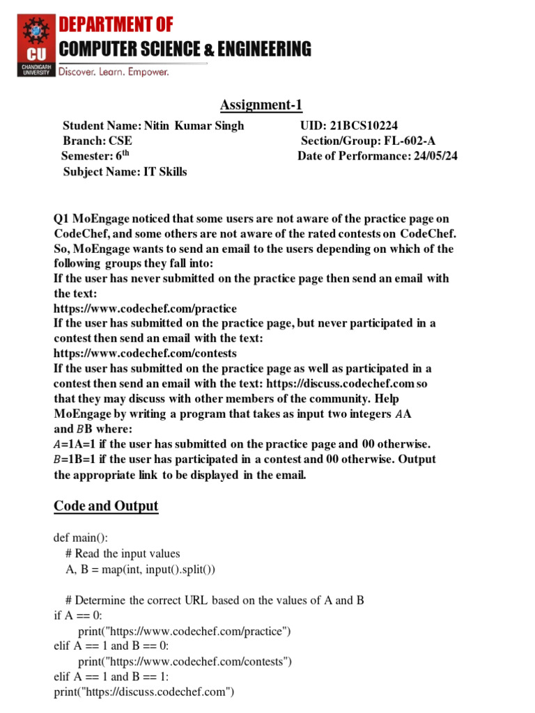 21BCS10224 - Nitin Kumar Singh - Assignment 1 | PDF | Computer Programming | Computing