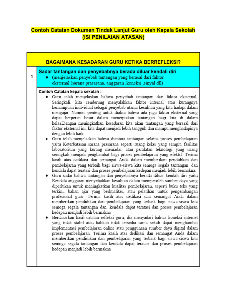 CONTOH CATATAN KEPSEK penilaian tindak lanjut (1) | PDF