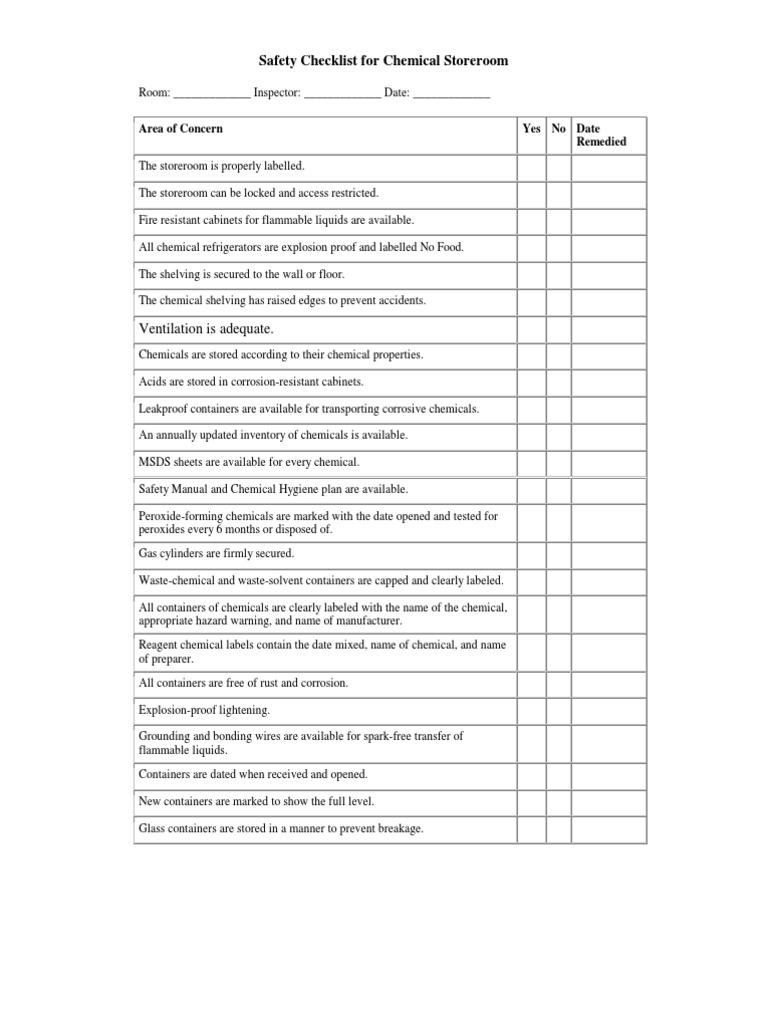 Chemical Storeroom Checklist | PDF | Flammability | Dangerous Goods