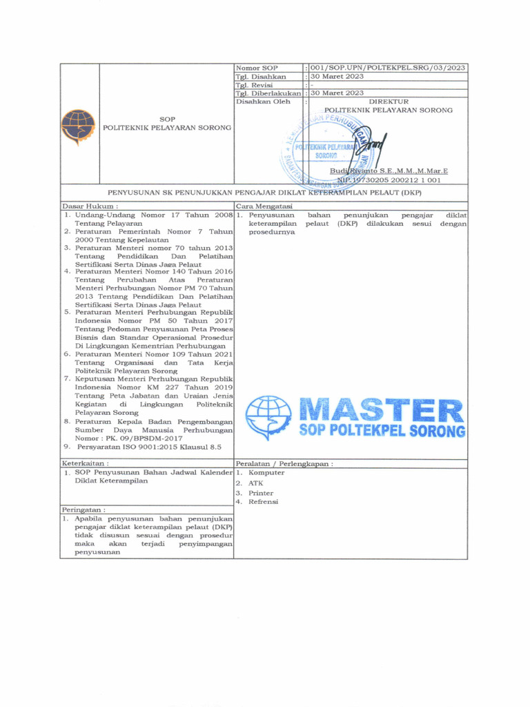 1. SOP Penyusun SK Penunjukan Pengajar Diklat Keterampilan Pelaut (DKP) | PDF