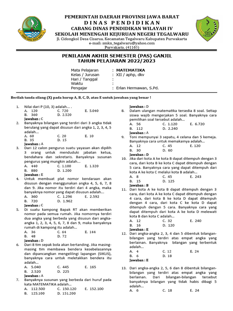 Soal MTK Kelas Xii Pas Ganjil 2022 | PDF