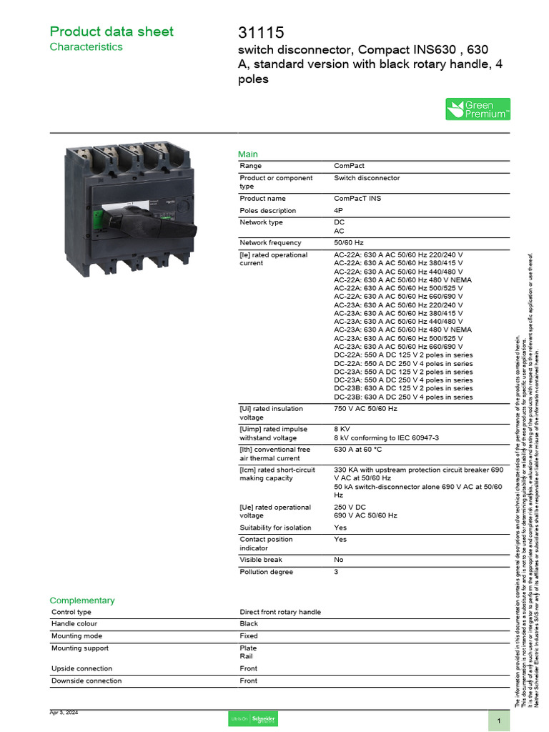 Product Data Sheet: Switch Disconnector, Compact INS630, 630 A, Standard Version With Black ...
