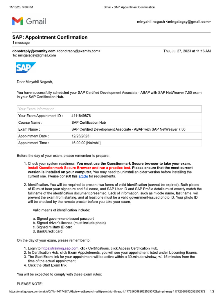 SAP Appointment Confirmation | PDF