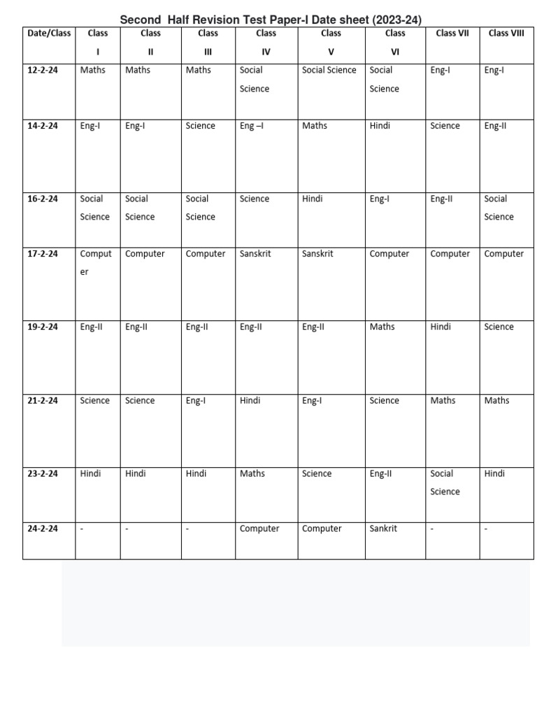 2023-24 Half Revision Test Schedule | PDF | Teaching Methods & Materials