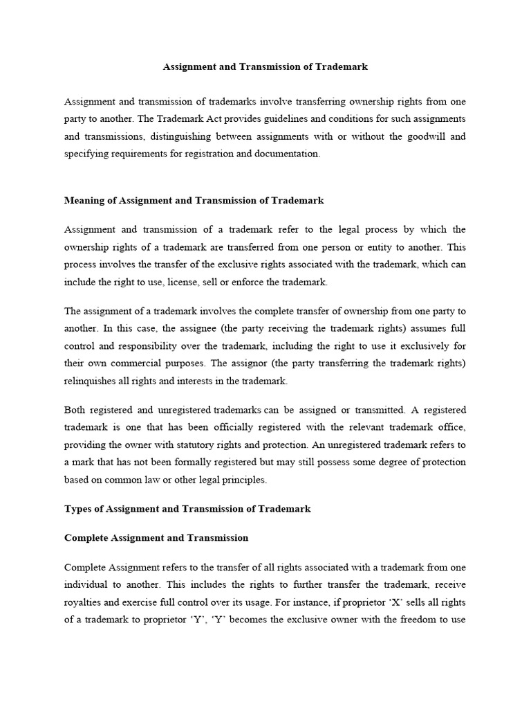 Trademark Assignment and Transmission Guide | PDF | Assignment (Law ...