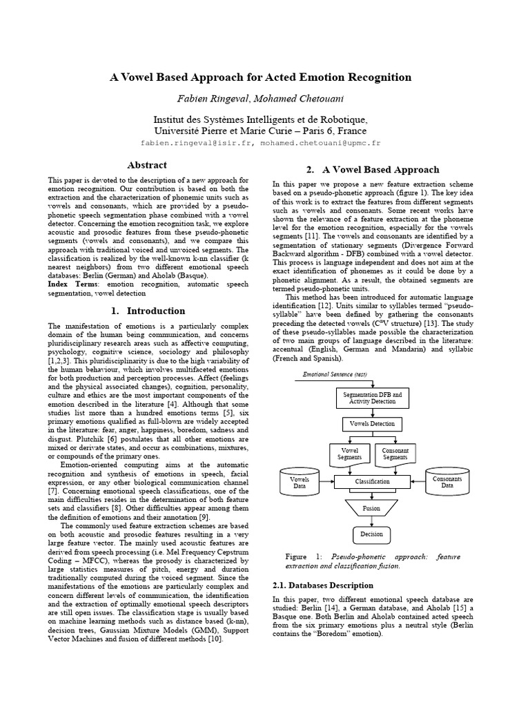 A Vowel Based Approach For Acted Emotion Recognition | Download Free PDF | Vowel | Phonetics