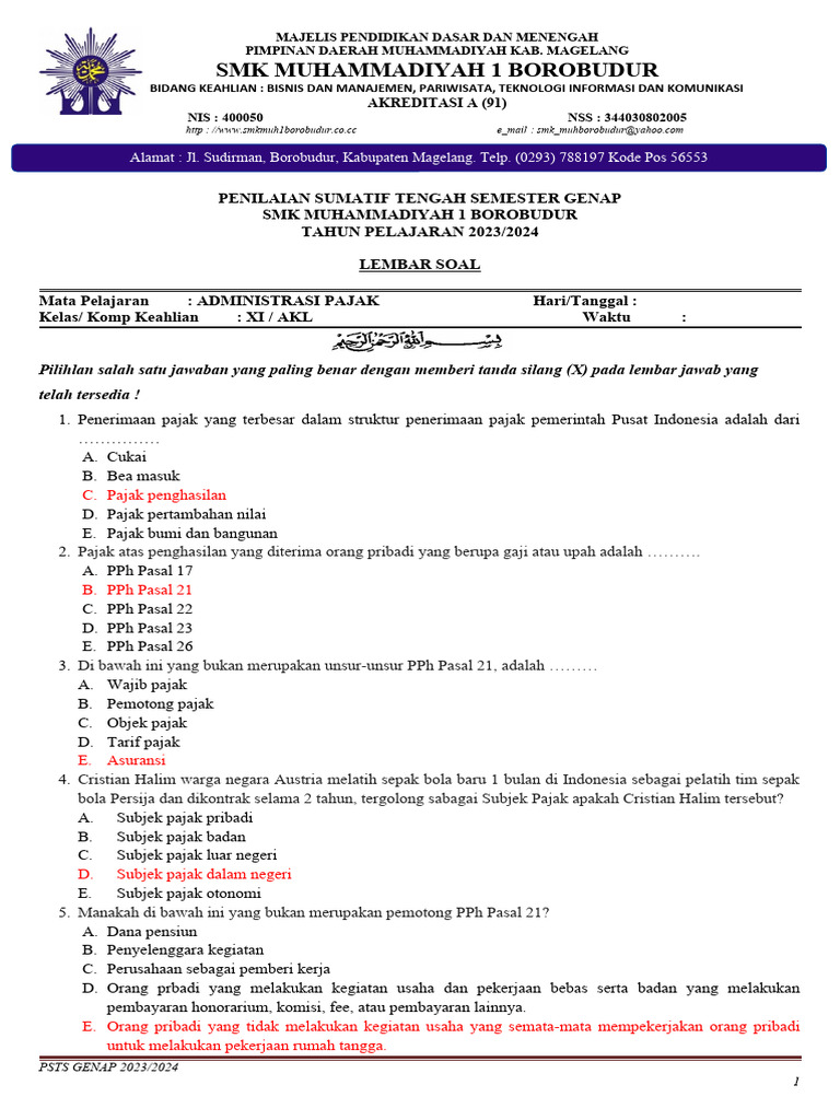 Penilaian Sumatif Tengah Semester Genap - Administrasi Pajak Xi Akl | PDF | Pengelolaan Keuangan ...