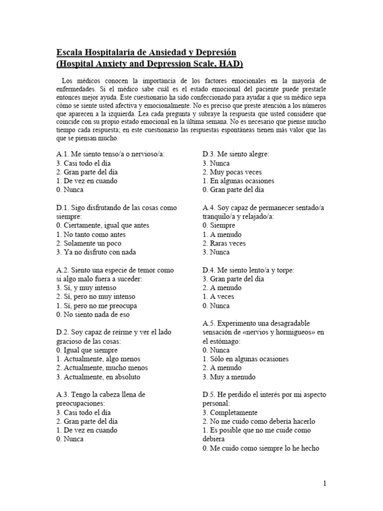Escala HAD: Cuestionario de Ansiedad y Depresión | PDF | Ansiedad ...