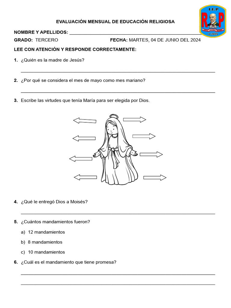 Examen de Religión para Tercero de Primaria | PDF | Jesús | María ...