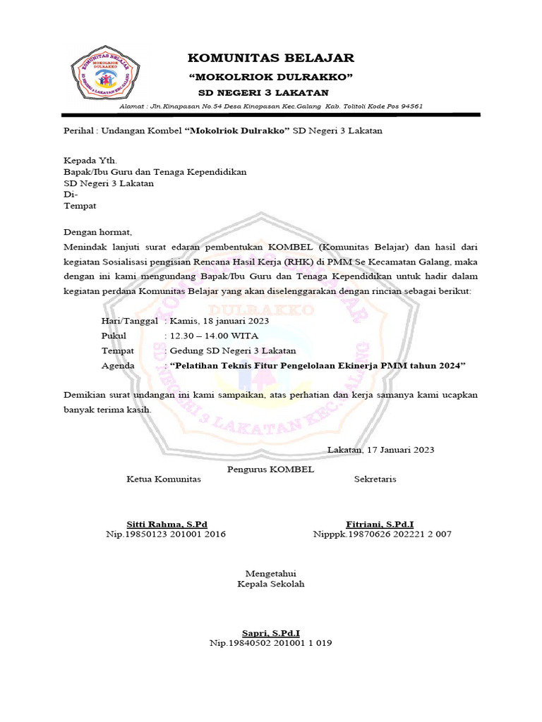 Undangan Kombel SDN 3 Lakatan | PDF
