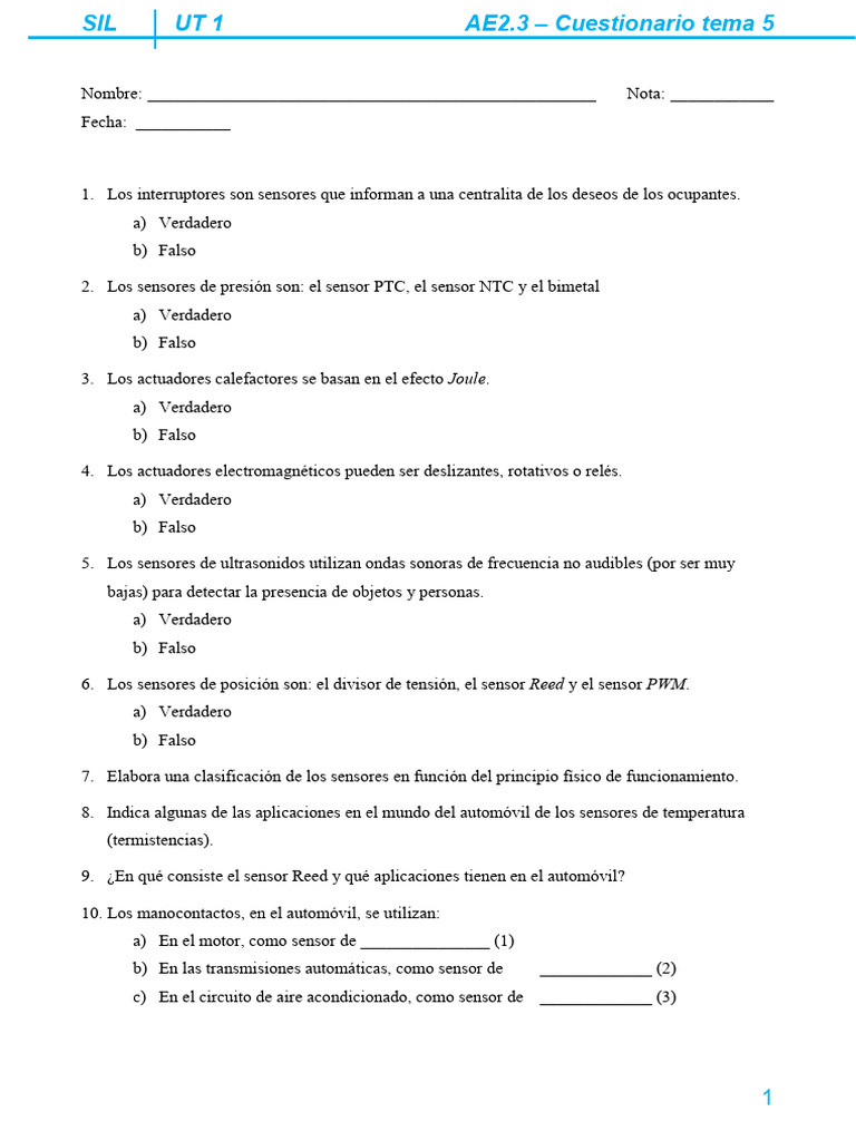 AE2.3 - Cuestionario Tema 5 | PDF | Sensor | Solenoide