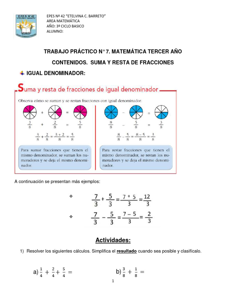 Suma y Resta de Fracciones para 3º Ciclo | PDF | Matemáticas | Aritmética