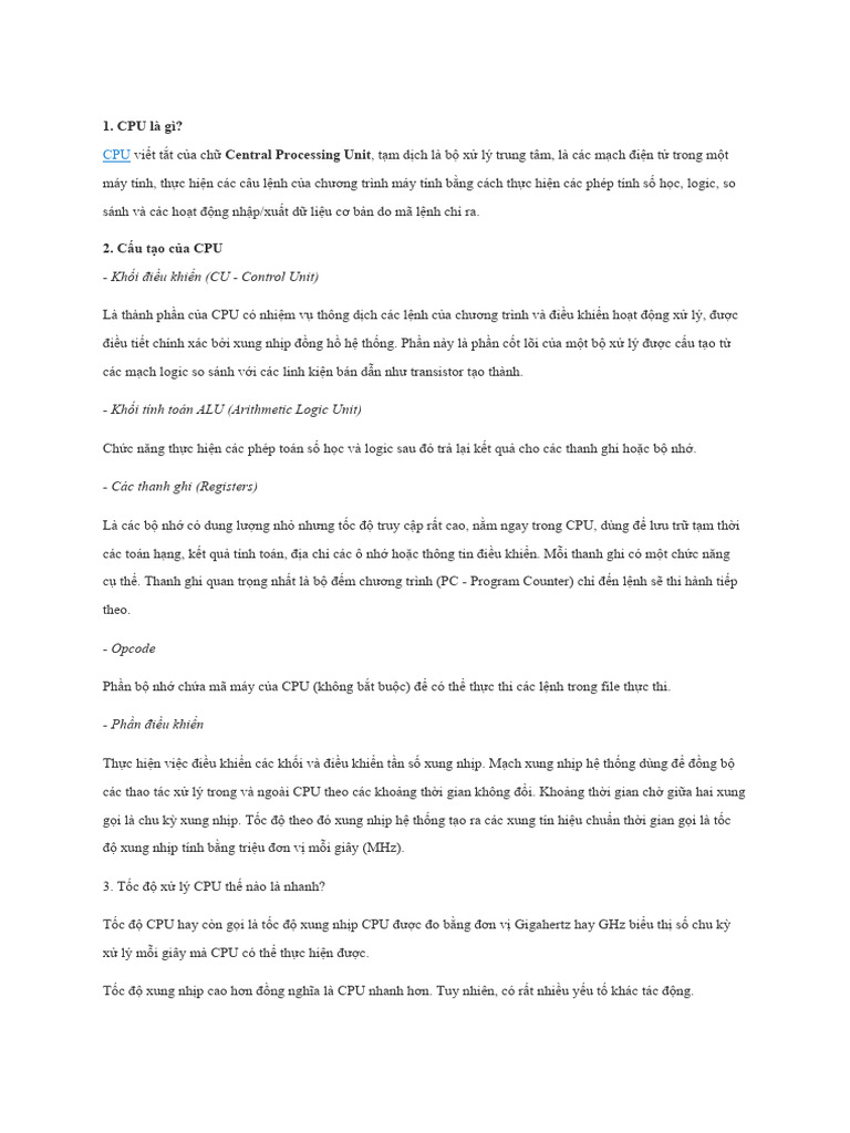 1. CPU là gì?: - Khối điều khiển (CU - Control Unit) | PDF