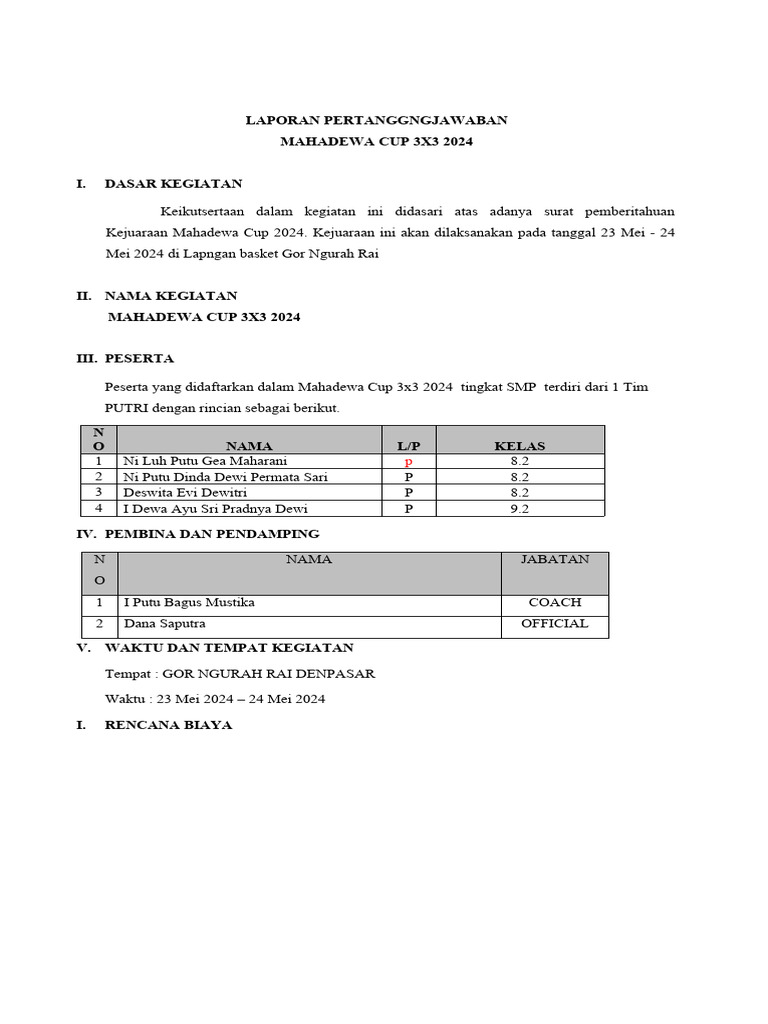 LPJ PROPOSAL Ngurah Rai Basket | PDF