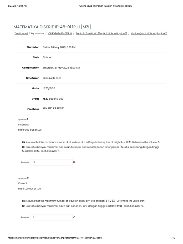 Online Quiz 11 - Pohon (Bagian 1) - Attempt Review | PDF | Metode ...