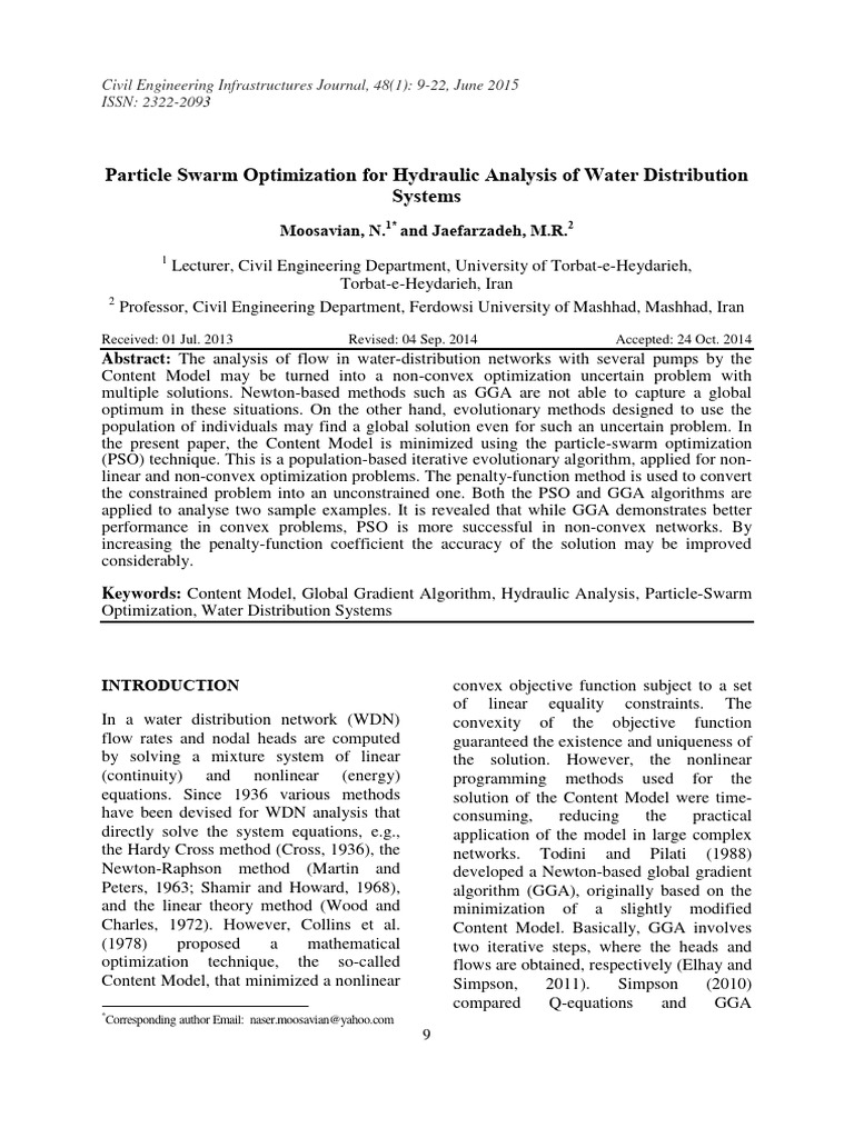 Particle Swarm Optimization For Hydraulic Analysis of Water Distribution Systems | PDF ...