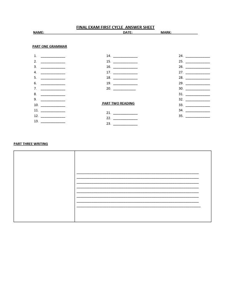 Final Exam Answer Sheet Template | PDF