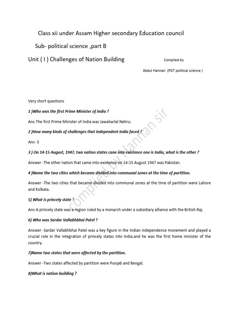 Class 12 Hande Made Unit One | PDF | Partition Of India | Pakistan