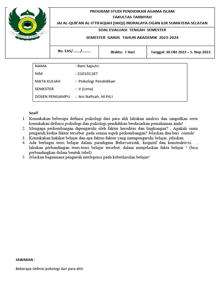 TUGAS ETS PSIKOLOGI PendidikanI Rani Saputri | PDF