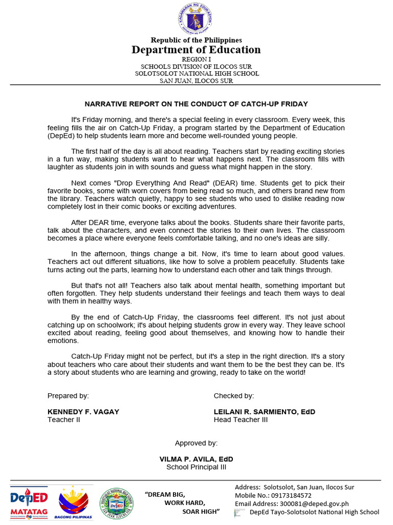 Narrative Report On Catch-Up Friday | PDF