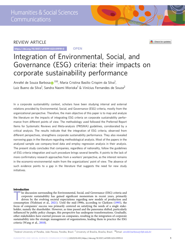 Integration of Environmental, Social, and Governance (ESG) Criteria: Their Impacts On Corporate ...