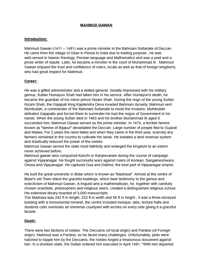 Mahmud Gawan Notes | PDF