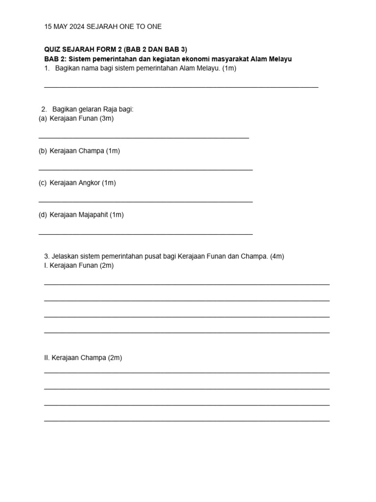 Quiz Sejarah Form 2 (Bab 2 Dan Bab 3) | PDF