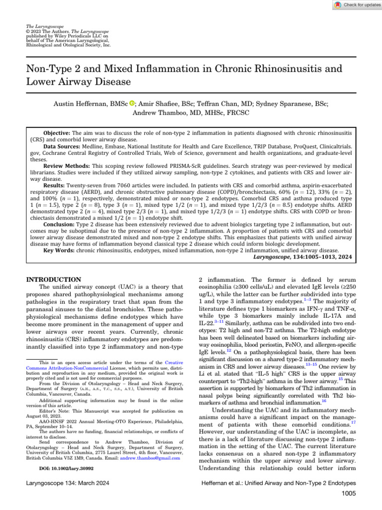 Non-Type 2 and Mixed Inflammation in Chronic Rhinosinusitis and Lower ...