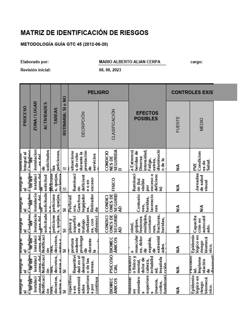 Matriz Riesgos Mario Alian Cerpa | Descargar gratis PDF | Radiación