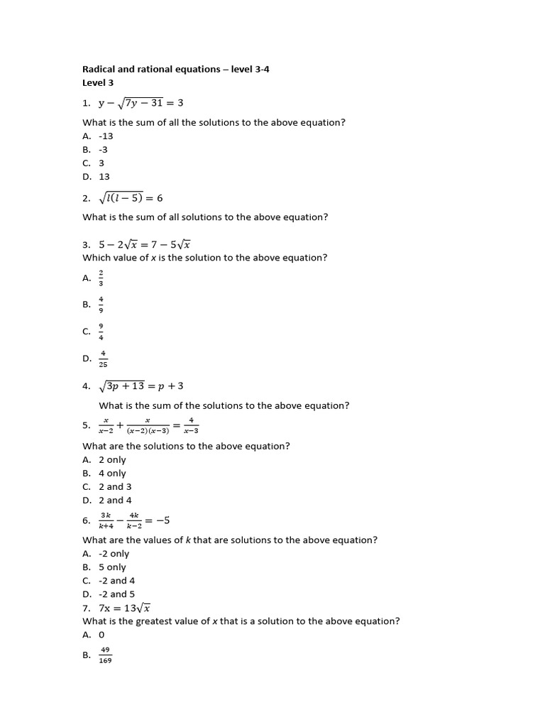 Radical and Rational Equations - Level 3-4 | PDF | Equations ...
