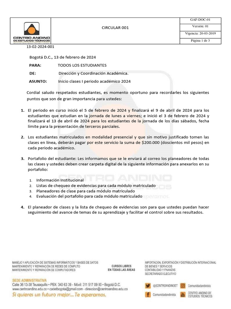 CIRCULAR 001 Inicio I periodo académico 2024-1 | PDF