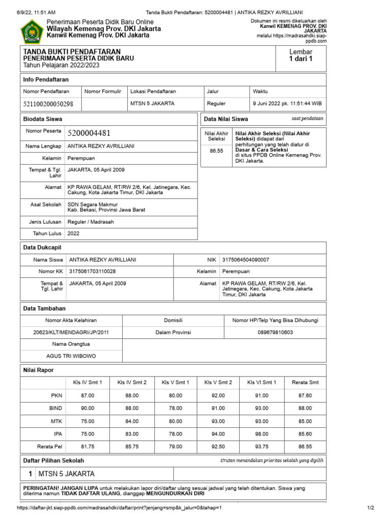 Pendaftaran PPDB Antika Rezky 2022 | PDF