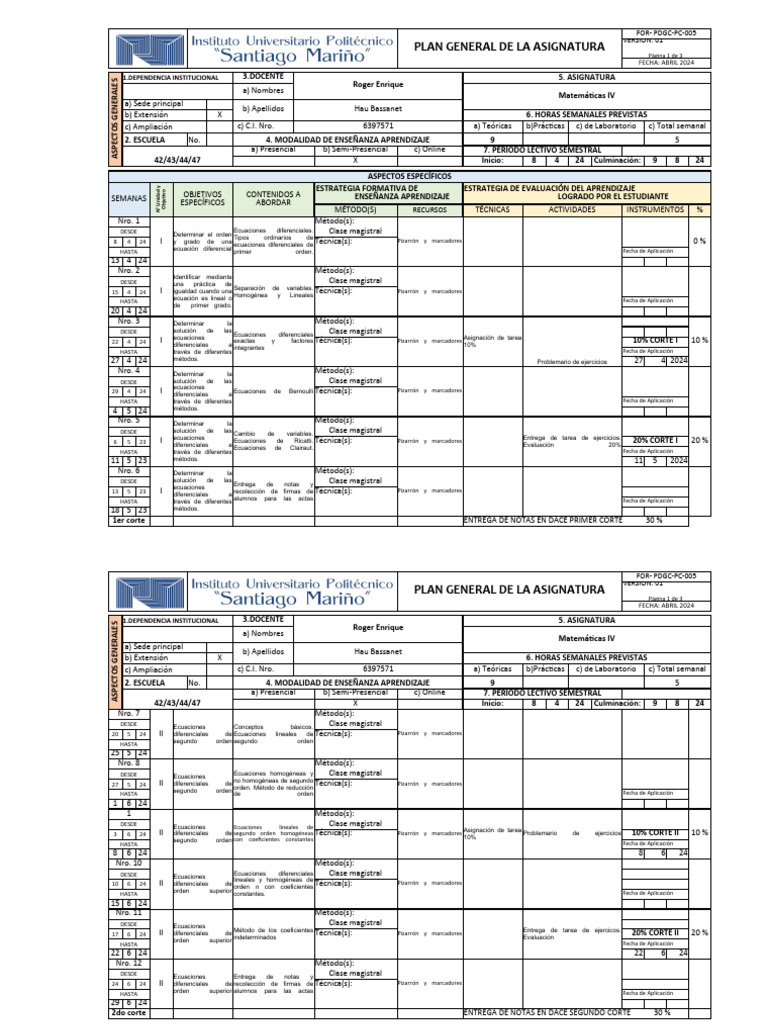 PSM Plan General de La Asignatura Matemáticas IV 2024.1 | PDF ...