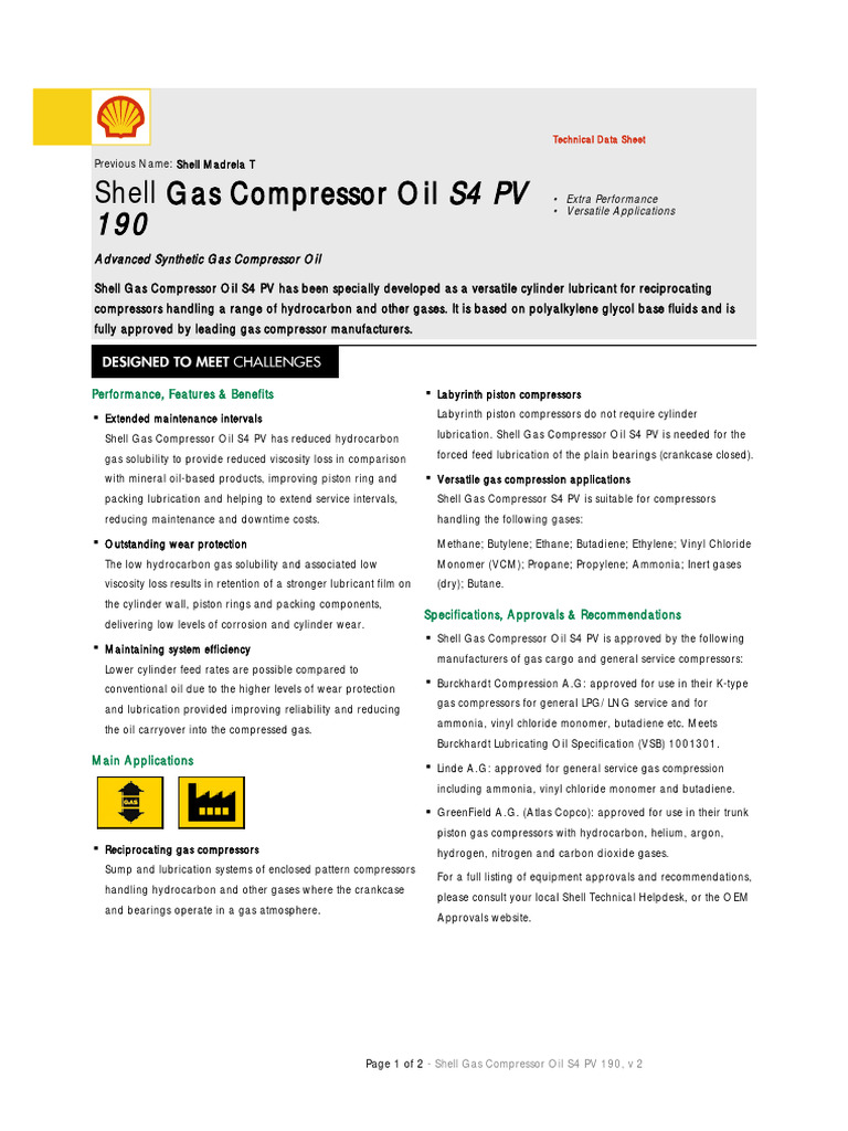 Shell Gas Compressor Oil S4 PV 190 Overview | PDF | Piston | Gases