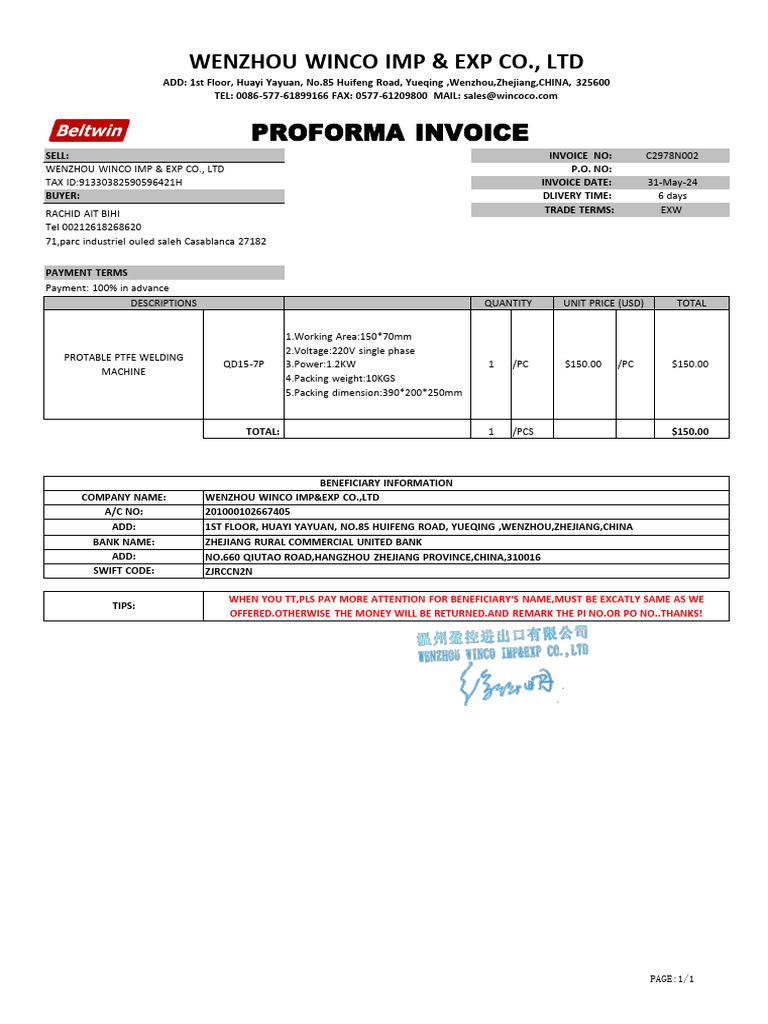 Proforma Invoice for PTFE Welding Machine | PDF | Banking | Economies
