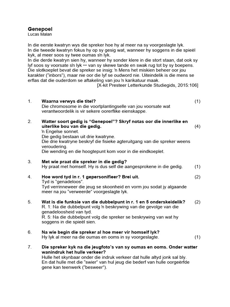 Graad 11 Gedigte Vra en Antwoorde | PDF