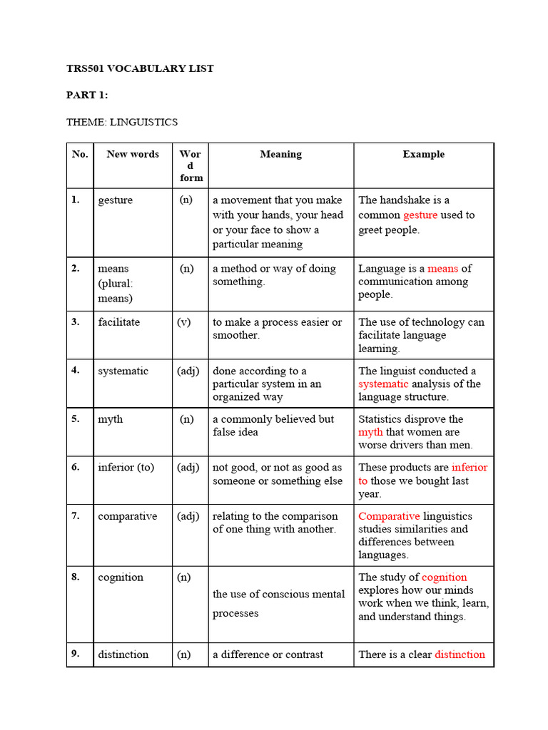 Trs501 Vocabulary List | Download Free PDF | Linguistics | Water
