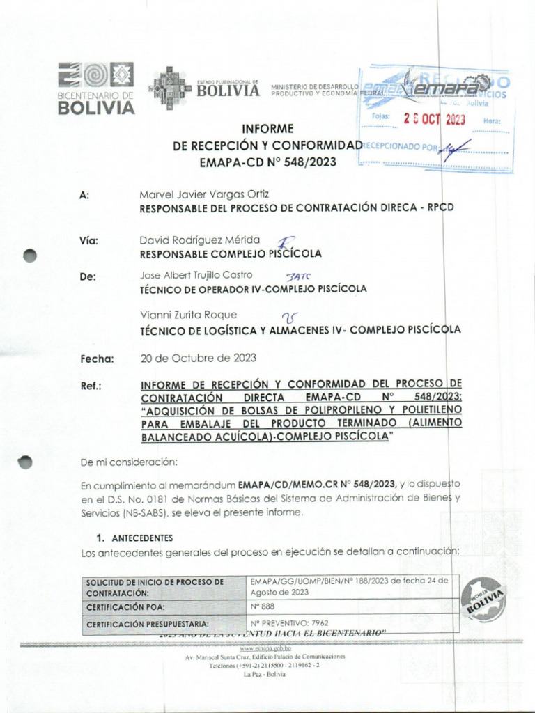 Acta o Informe de Recepcion de Bolsas para Embalaje | PDF