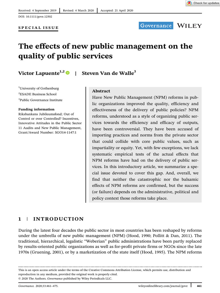 Governance - 2020 - Lapuente - The Effects of New Public Management On The Quality of Public ...