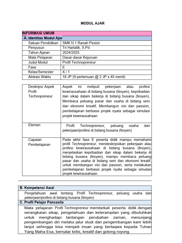 Modul Ajar Fase E Technopreneur. | PDF