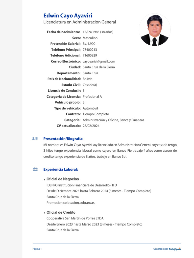 CV de Edwin Cayo Ayaviri - Experto en Finanzas | PDF | Bancos | Economias