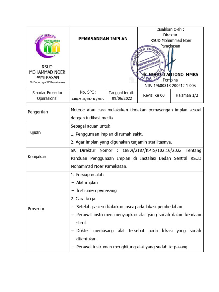 Prosedur Pemasangan dan Recall Implan RSUD Mohammad Noer | PDF