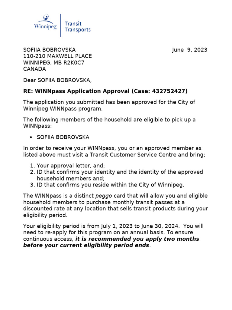 Winnipeg Transit - WINNPass Status Letter | PDF | Home & Garden